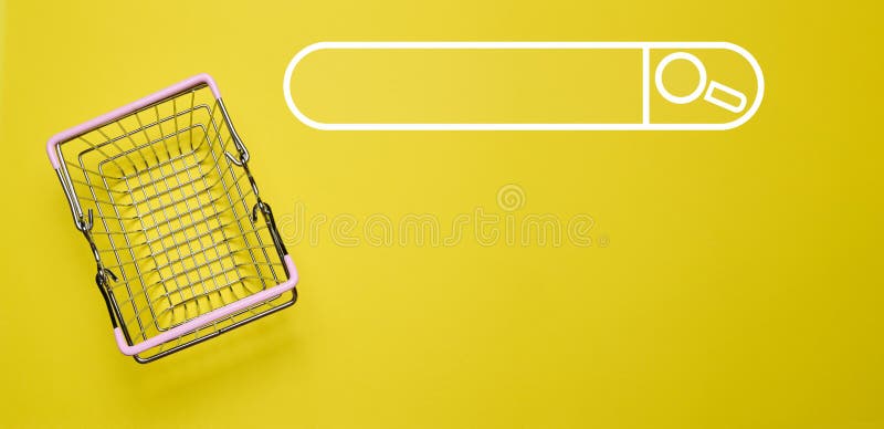 Empty Miniature Shopping Cart on Yellow Background, Top View Stock ...