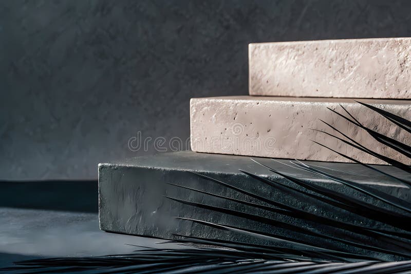Empty Minimal Display with Three Concrete Blocks and Black Palm Leaf ...