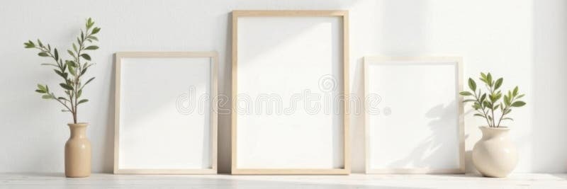 Empty Minimalist Frames, Light Wood, White Wall, Light Wood, Blank ...