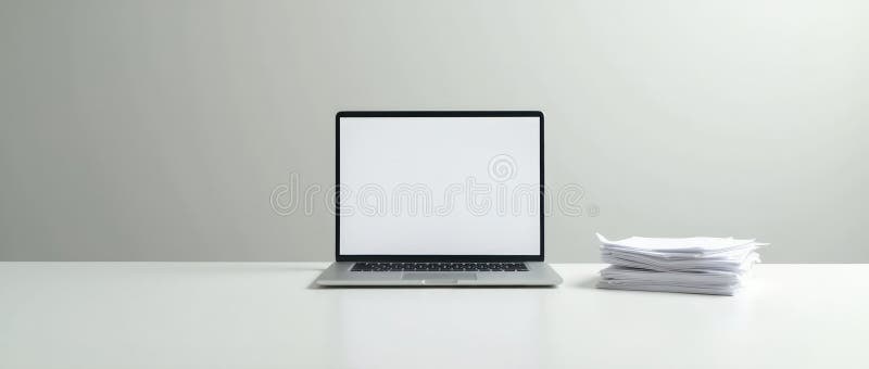 Empty Minimalist Workspace with Open Laptop Stock Image - Image of ...