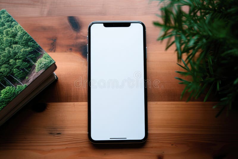 Empty Mobile Phone Screen, a Green Plant of a Wooden Table, a Layout ...