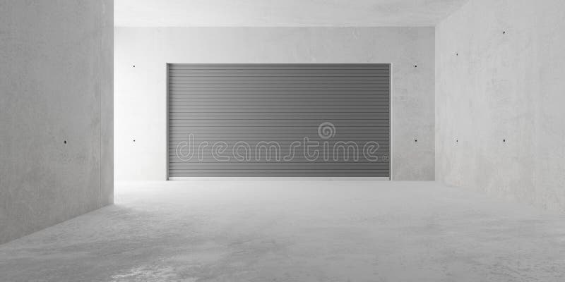 Empty Modern Abstract Concrete Room with Rolling Gate on Back Wall and ...