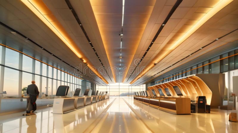 An Empty Modern Airport Terminal with a Row of Unoccupied Seats Lined ...