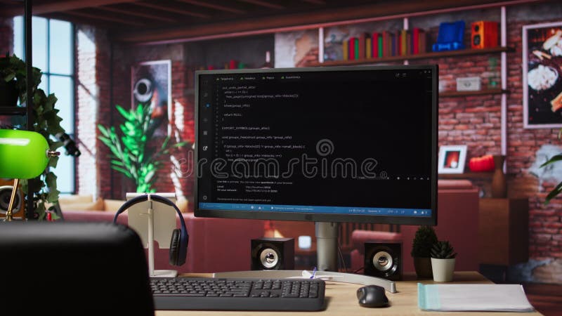 Empty Modern Apartment Room with Coding Application on PC Screen Stock ...