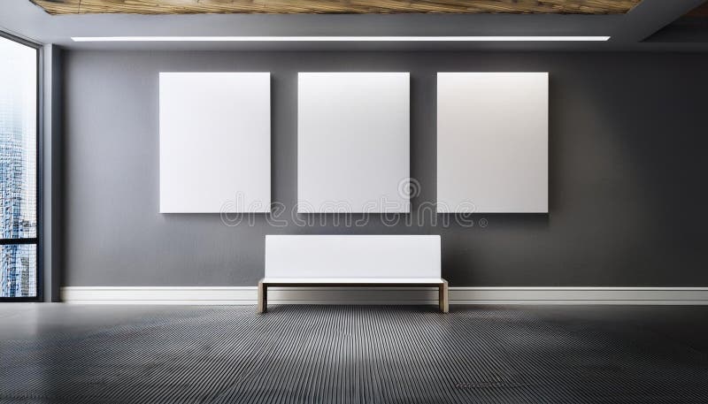 Empty Modern Art Gallery Interior with Blank Walls and White Bench. 3D Rendering Stock ...