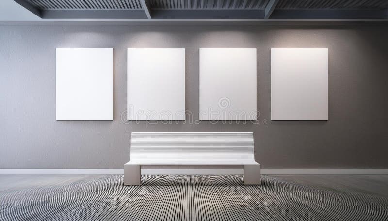 Empty Modern Art Gallery Interior with Blank Walls and White Bench. 3D ...