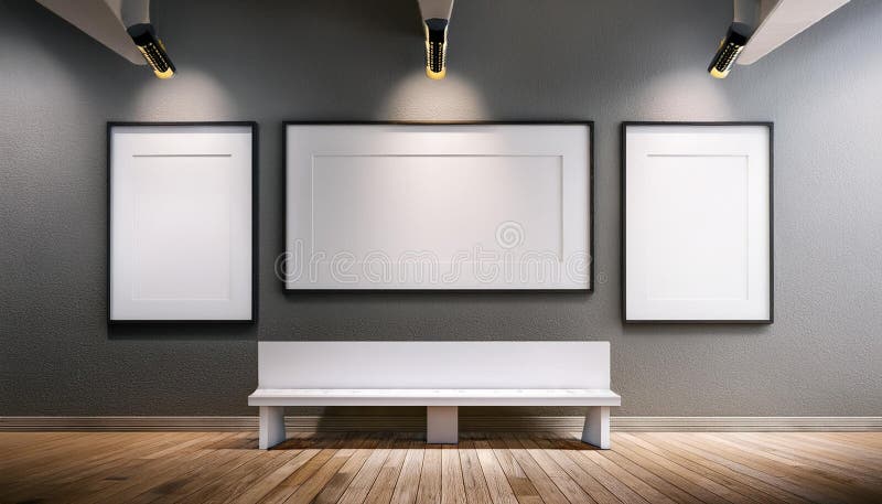 Empty Modern Art Gallery Interior with Blank Walls and White Bench. 3D ...