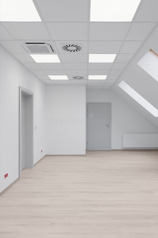 Empty Modern Attic Room with Skylights and Doors Stock Photo - Image of ...