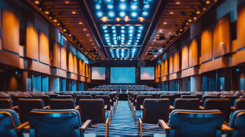 Empty Modern Auditorium with Blue Seats and Advanced Lighting Stock ...