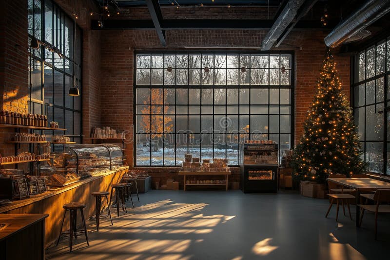 Empty Modern Bakery Interior with Exposed Brick Wall and Christmas Tree ...