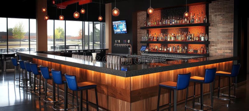 Empty Modern Bar Interior with Stools, Counter, and Shelves Full, Well ...