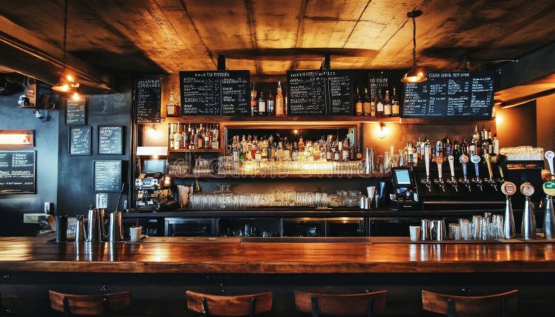 Empty Modern Bar Interior, Wooden Counter, Bar Stools, Shelves with ...