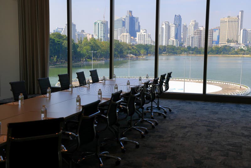 Empty Modern Boardroom, Meeting Room or Conference Room with City View ...