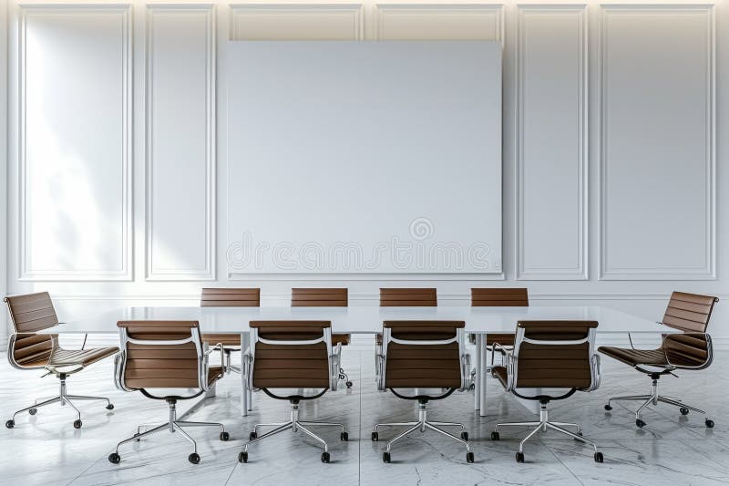 Empty Modern Business Meeting Room with Long Table, Brown Chairs and ...