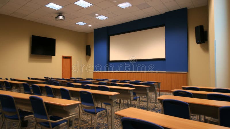 Empty Modern Classroom with Beige Walls and Blue Accents Stock ...