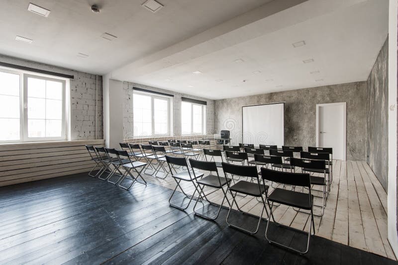 Empty Modern Classroom with Black Chairs Projector Screen Stock Image ...