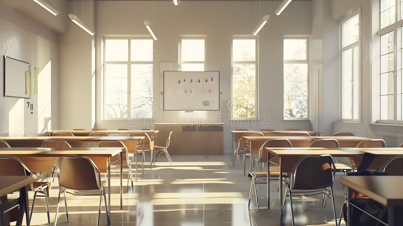 Empty Modern Classroom with Chairs, Desks and Chalkboard. and Big ...