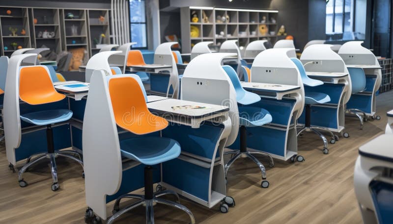Empty Modern Classroom Chairs, Table, Equipment, Desk, Blue Generated ...
