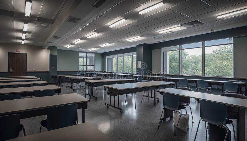 Modern Classroom with Empty Chairs and Desks, Steel and Wood ...