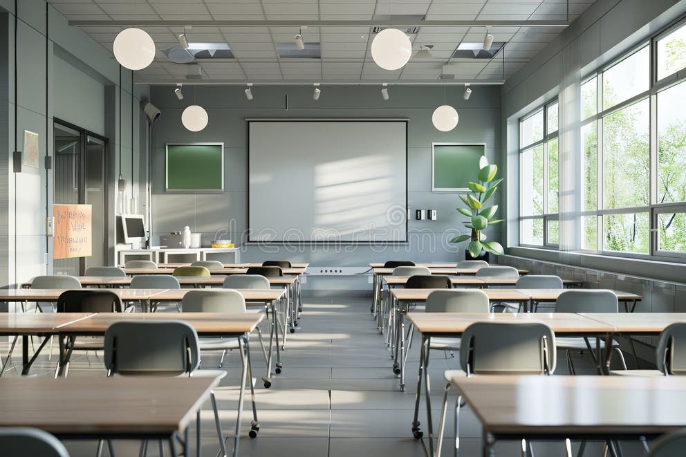 An Empty Modern Classroom Featuring Interactive Panels and AI ...