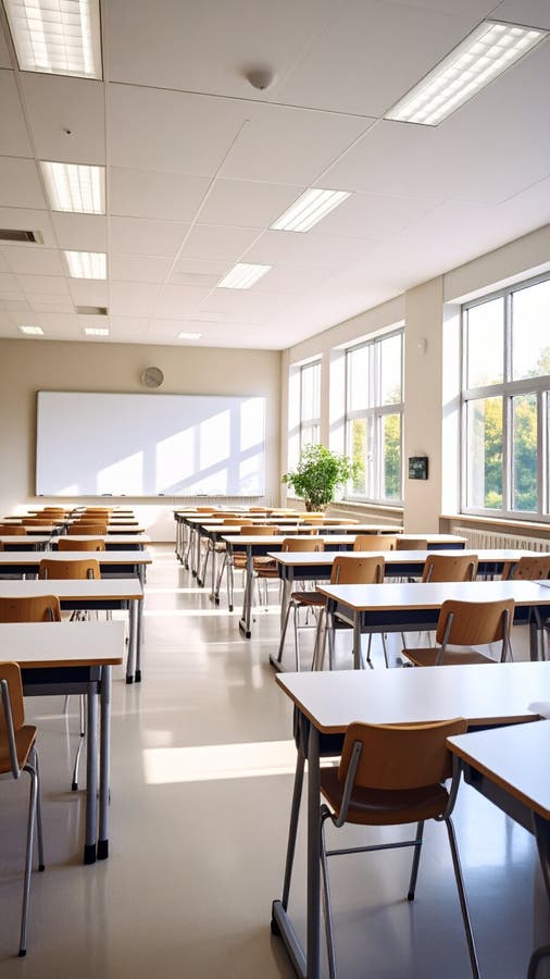 Empty Modern Classroom with Rows of Desks and Chairs, a Large Whiteboard, Bright Windows, and ...
