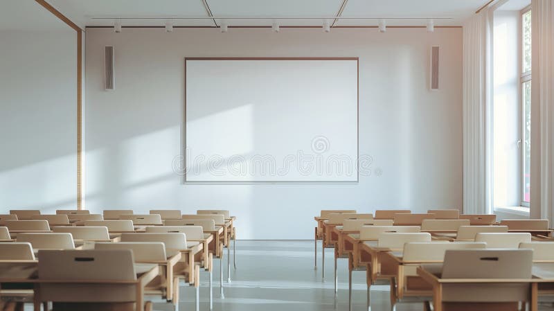 Empty Modern Classroom with White Board, Rows of Wooden Desks, Bright ...