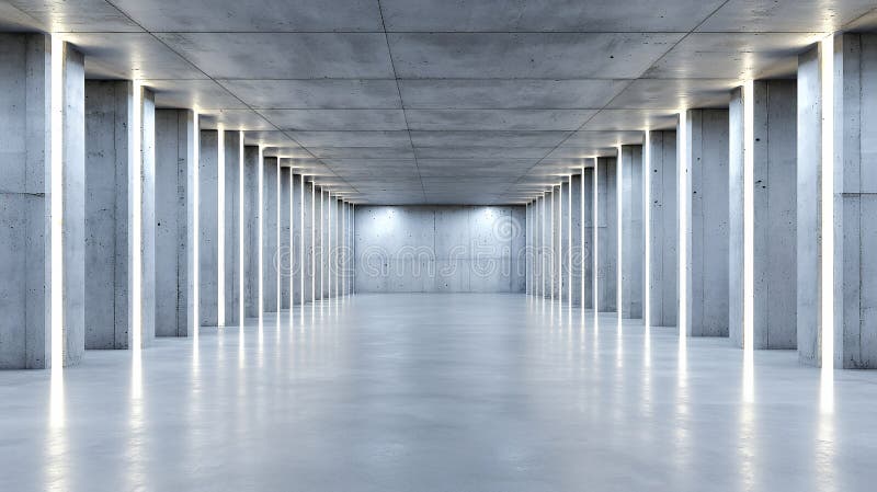 Empty Modern Concrete Corridor with Linear Lighting Stock Illustration ...
