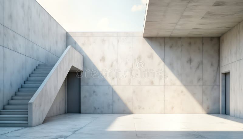 Empty Modern Concrete Hall with Sloped Grey Walls, Sunlight. Minimalist ...