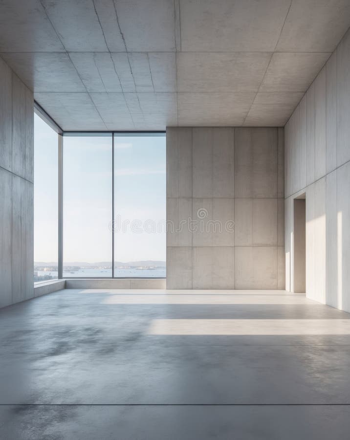Empty Modern Concrete Room with Large Windows Stock Image - Image of ...