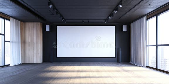 Empty Modern Conference Room with Large Projection Screen and Windows ...