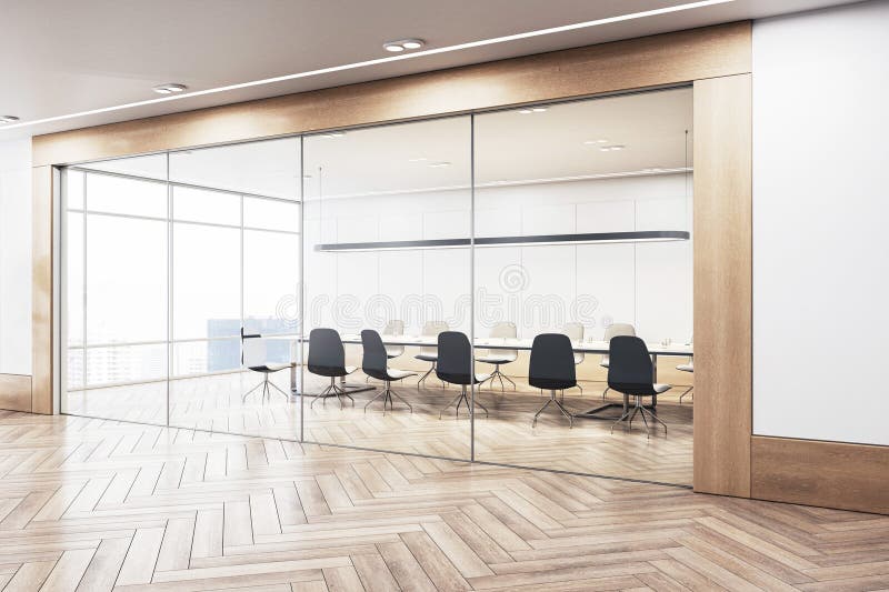 An Empty Modern Conference Room with a Long Table, Chairs, and ...
