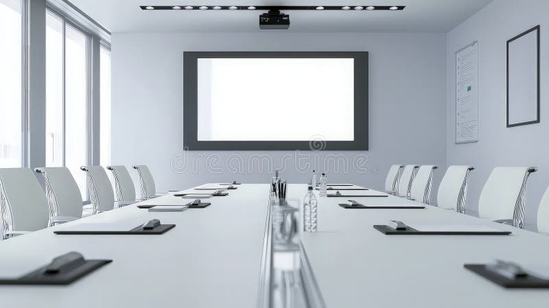 Empty Modern Conference Room with White Chairs, Large Blank Screen, and ...