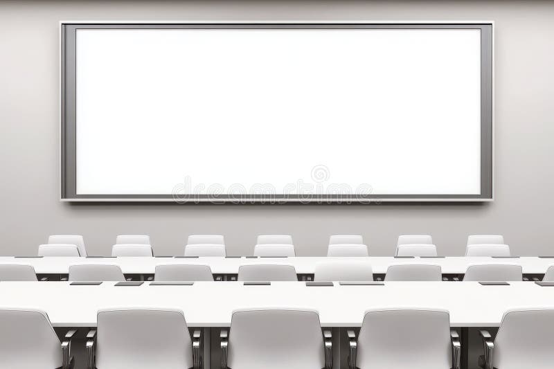 Empty Modern Conference Room with White Chairs and Large Blank Screen ...