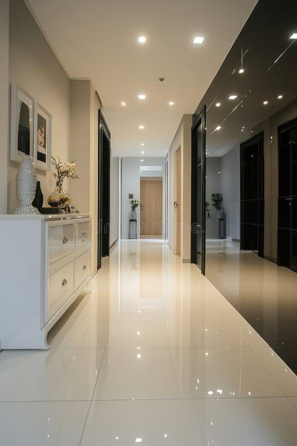Modern Corridor with Spotlights and White Tiles Reflecting Light Stock ...