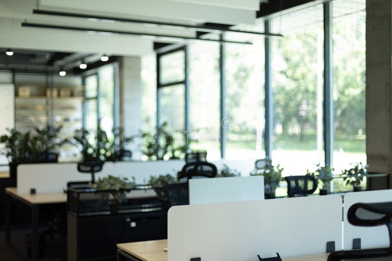 Empty Modern Coworking Office Environment with Panoramic Windows Stock ...