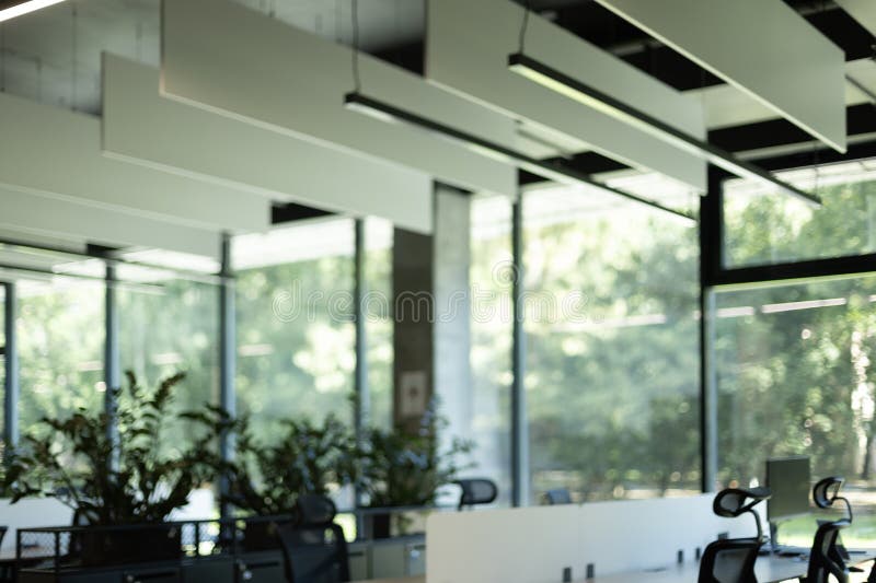 Empty Modern Coworking Office Environment with Panoramic Windows Stock ...