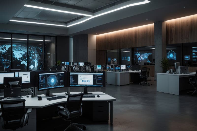 Empty Modern Cyber Security Office and Listening. Data Storage Concept ...