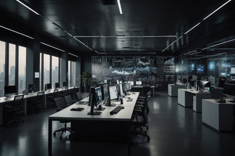 Empty Modern Cyber Security Office and Listening. Data Storage Concept ...