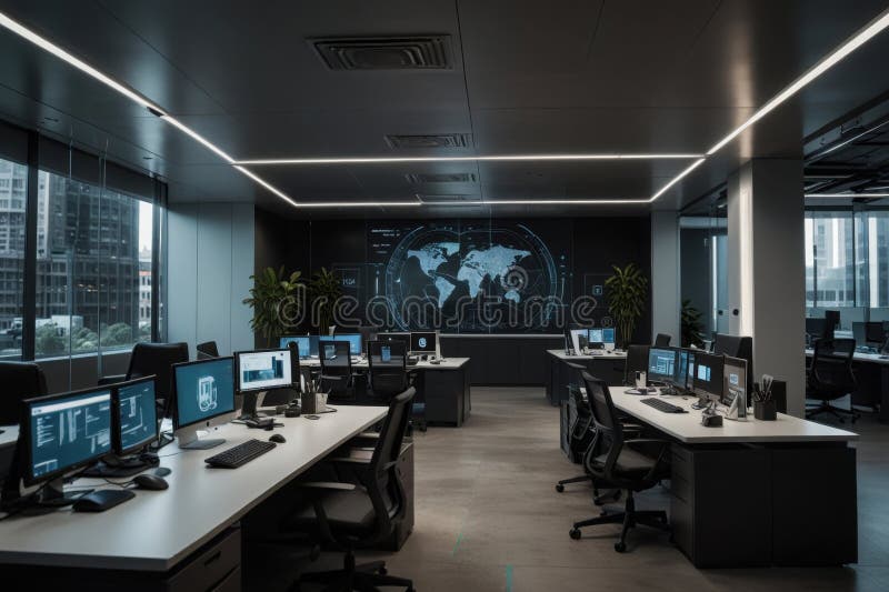 Empty Modern Cyber Security Office and Listening. Data Storage Concept ...