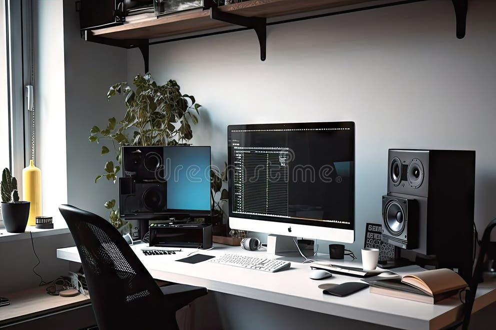 Empty Modern Developer Workplace Writing Code Computer Desktop Comfy ...