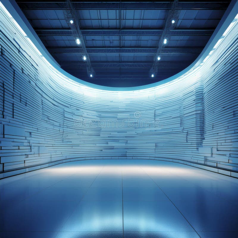 Empty Modern Exhibition Hall with a Curved Wall and Ceiling Spotlights ...