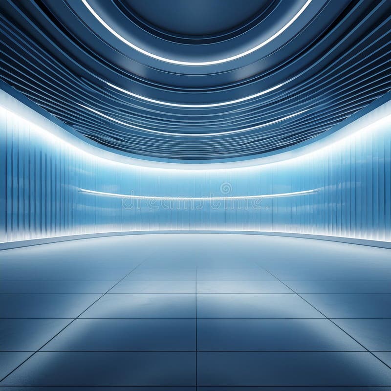 Empty Modern Exhibition Hall with a Curved Wall and Ceiling Spotlights ...