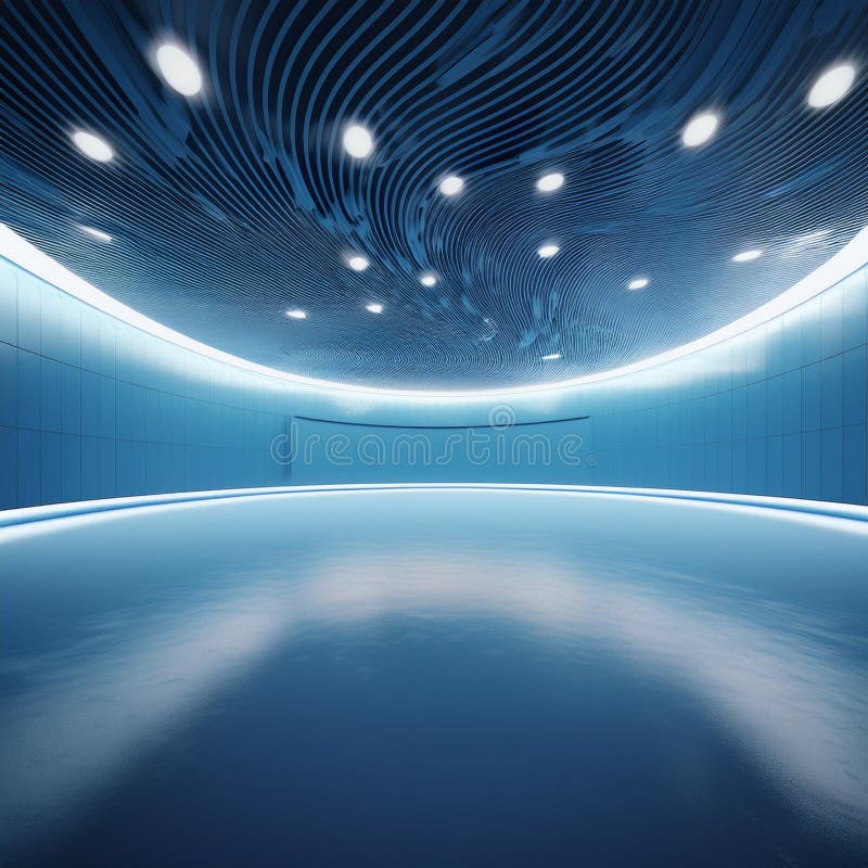 Empty Modern Exhibition Hall with a Curved Wall and Ceiling Spotlights ...