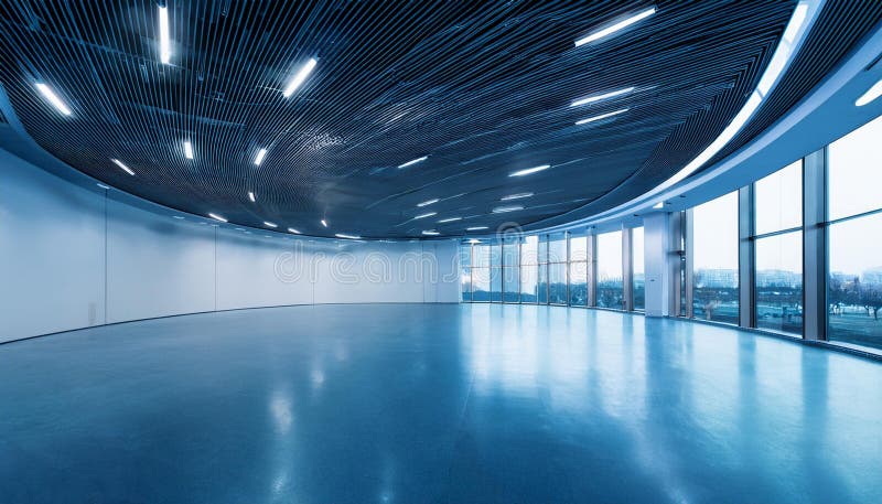 Empty Modern Exhibition Hall with a Curved Wall and Ceiling Spotlights ...