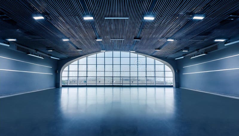 Empty Modern Exhibition Hall with a Curved Wall and Ceiling Spotlights ...