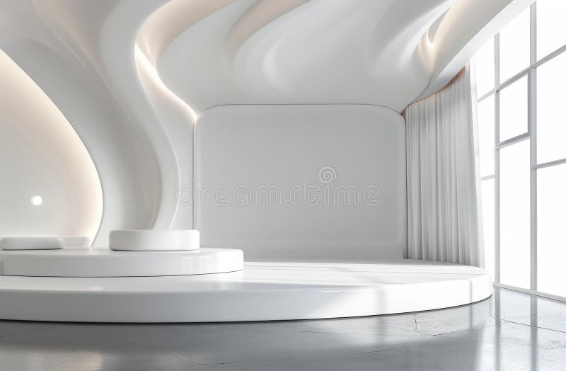 An Empty Modern Exhibition Hall with Curved Walls and Spotlights, Blue ...