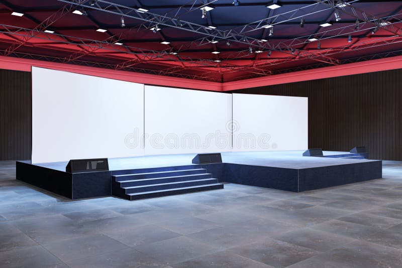 Empty Modern Exhibition Stage with Blank White Screens and Spotlights ...