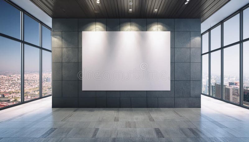 Empty Modern Gallery Wall with Tile Design and City View Windows. 3D ...