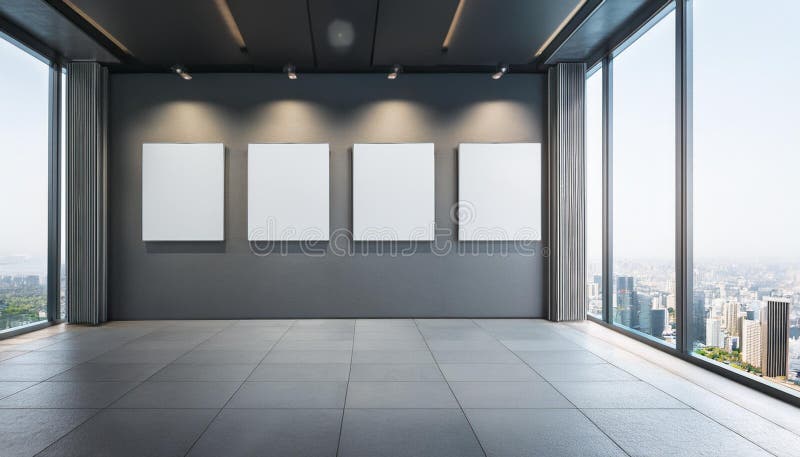 Empty Modern Gallery Wall with Tile Design and City View Windows. 3D ...