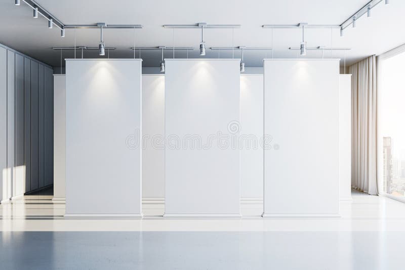Empty Modern Gallery with White Partitions and Spotlights. 3D Rendering ...